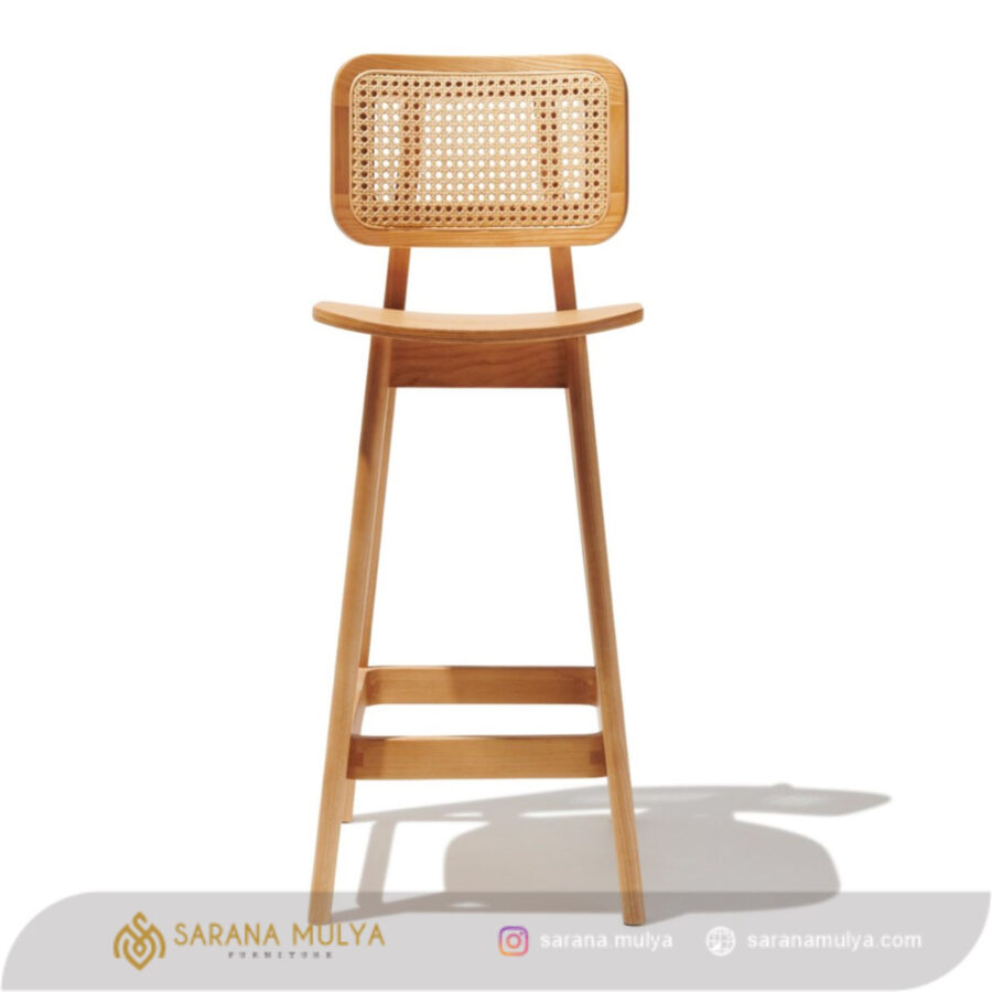 Kursi Bar Kayu Natural Shiro Anyaman Rotan - Sarana Mulya