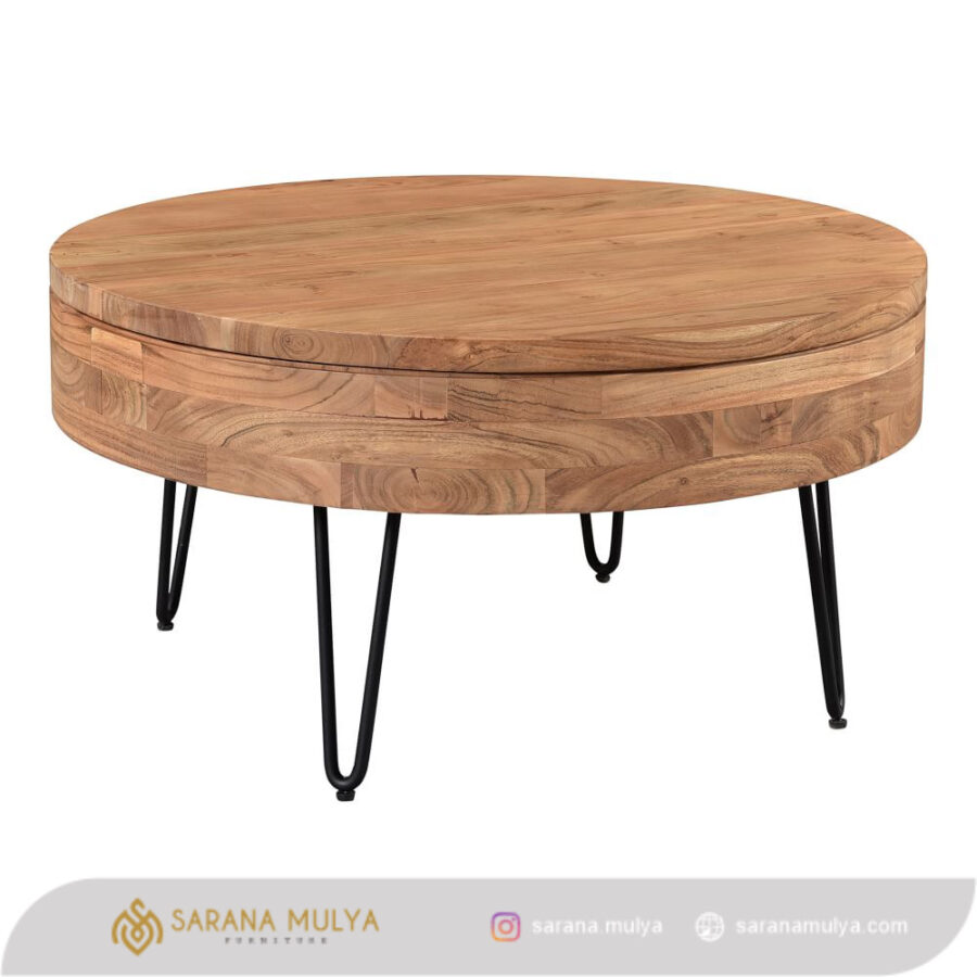Coffee Table Kaki Besi Bulat Kayu - Sarana Mulya